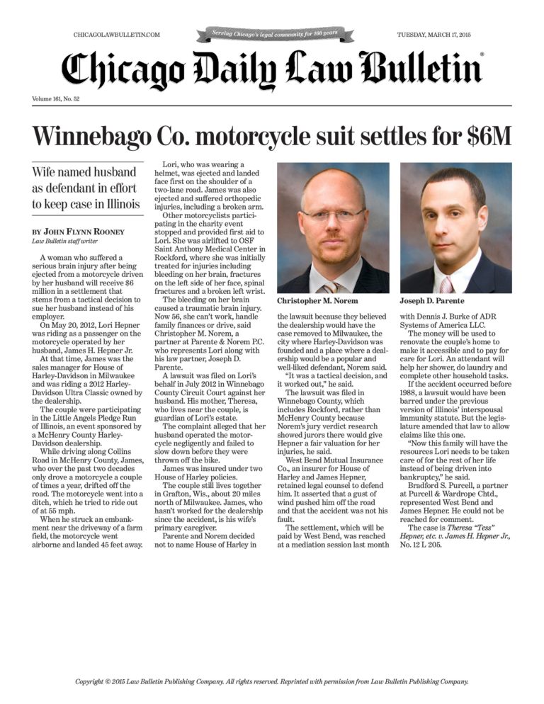 Winnebago Co. Motorcycle Suit Settles for $6M - Law Offices of Parente ...